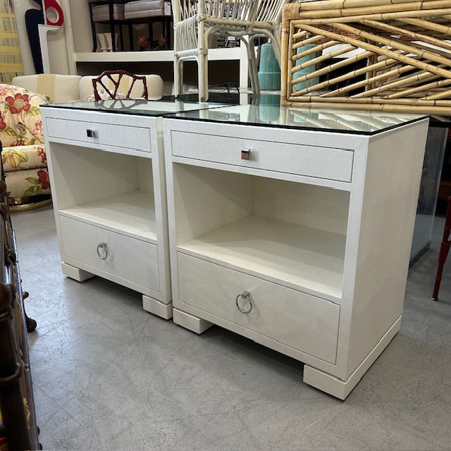 white lacquered grasscloth nightstands – eclectic patina
