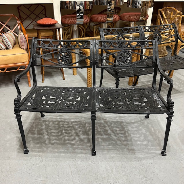 vintage cast metal star and dolphin benches – eclectic patina